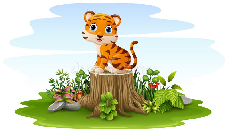 Cartoon Little Tiger Sitting on Tree Stump Stock Vector - Illustration ...