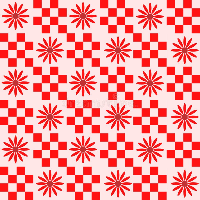 Cute Retro Red Checkered Flowers Seamless Pattern with Little Squares ...