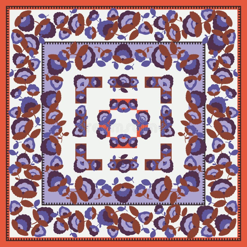 Colorful Scarf Pattern Design. Frame with Geometric Ornament, Flowers ...