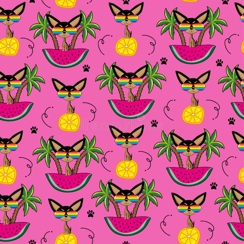 Tropical Seamless Pattern, with Funny Cartoon Chihuahua Dog and ...
