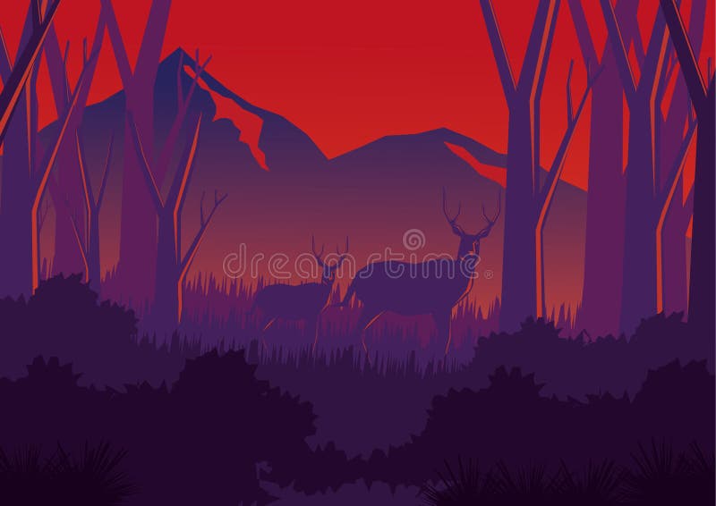 Deer in forest at evening stock illustration. Illustration of print ...