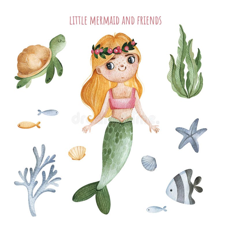 Cute Illustration with Mermaid and Friends.Set with Turtle,shells ...