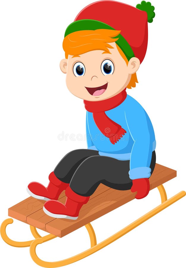 Happy Cartoon Little Boy Sledding Down Stock Illustration ...
