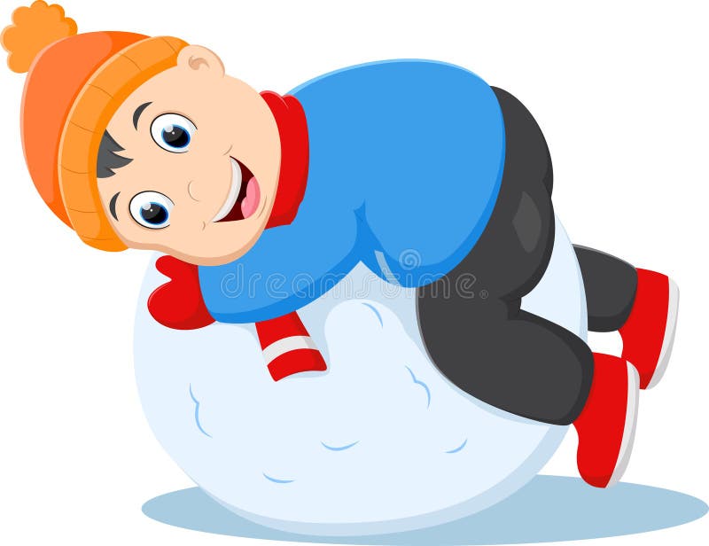 Happy Cartoon Boy in Winter Clothes Making a Big Snowball Stock ...