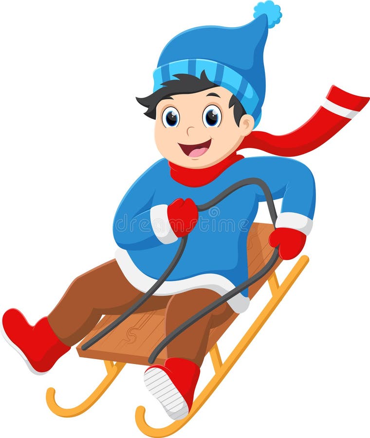 Happy Cartoon Little Boy Sledding Down Stock Illustration ...