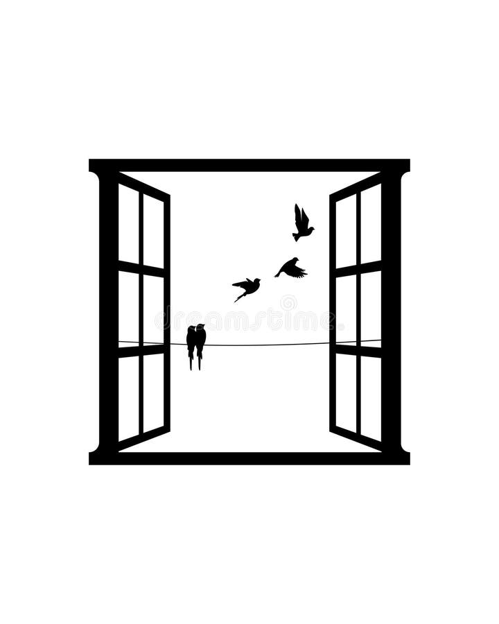 Window Illustration and Flock of Birds on Wire, Vector Stock Vector ...