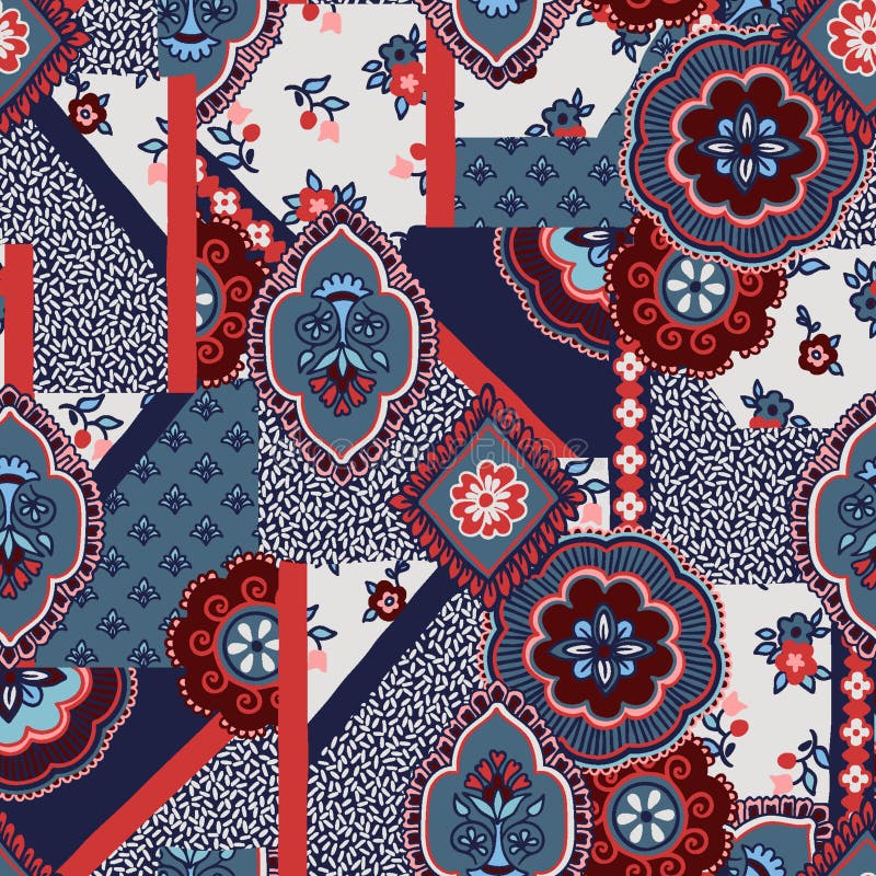 Ethnic, Paisley and Geometric Motifs Fabric Patchwork Abstract Vector ...