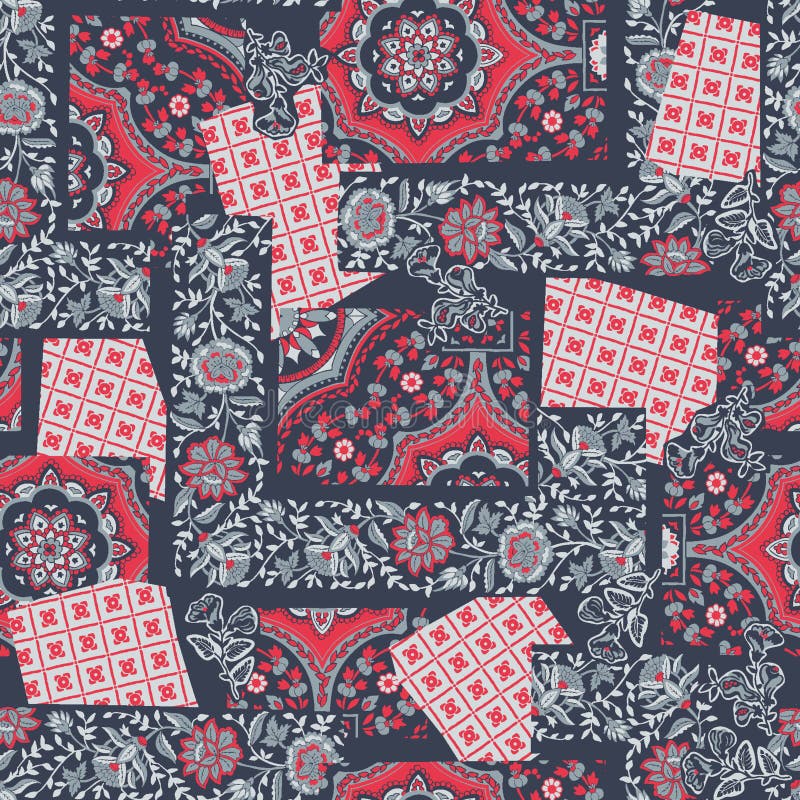Ethnic, Floral and Geometric Motifs Fabric Patchwork Abstract Vector ...