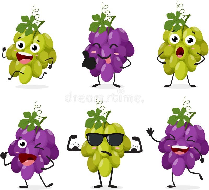 Set of Cute Bunch Grapes Cartoon Character Stock Illustration ...