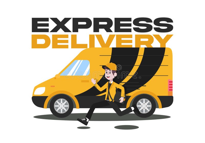 Express Delivery Van with Postman Running with Bag. Vector Design Stock ...