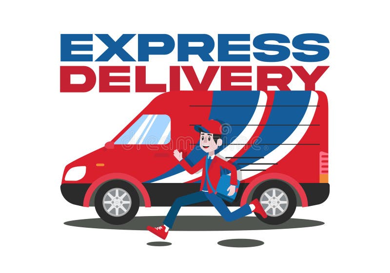 Express Delivery Van with Postman Running with Bag. Vector Design Stock ...