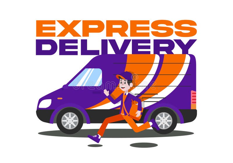 Express Delivery Van with Postman Running with Bag. Vector Design Stock ...