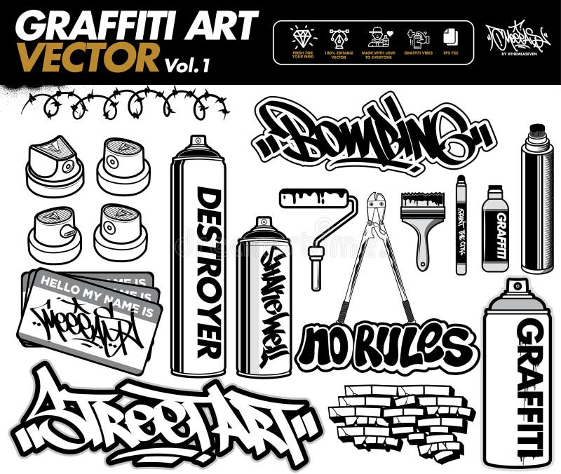 Set of Graffiti Art Vector. Graffiti Tools and Sticker Designs Stock ...