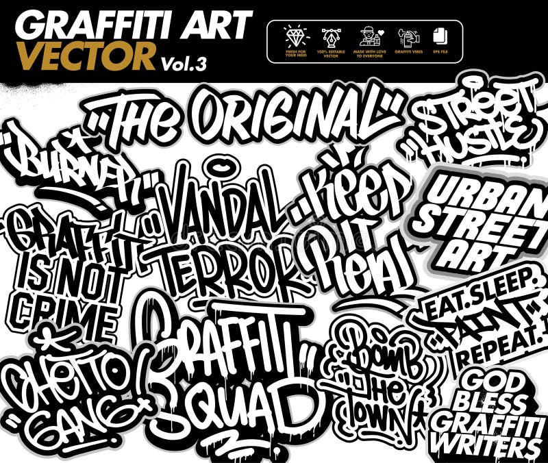 Set of Graffiti Art Vector. Graffiti Tools and Sticker Designs Stock ...
