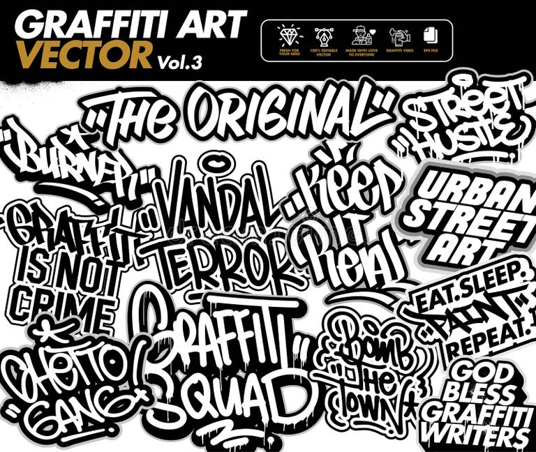 Set of Graffiti Art Vector. Graffiti Tools and Sticker Designs Stock ...