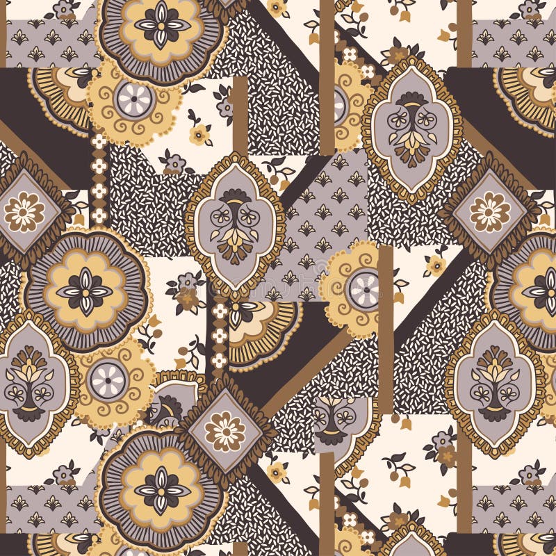 Ethnic, Paisley and Geometric Motifs Fabric Patchwork Abstract Vector ...
