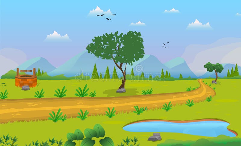 Beautiful Countryside Village Cartoon Background of Green Meadows and ...