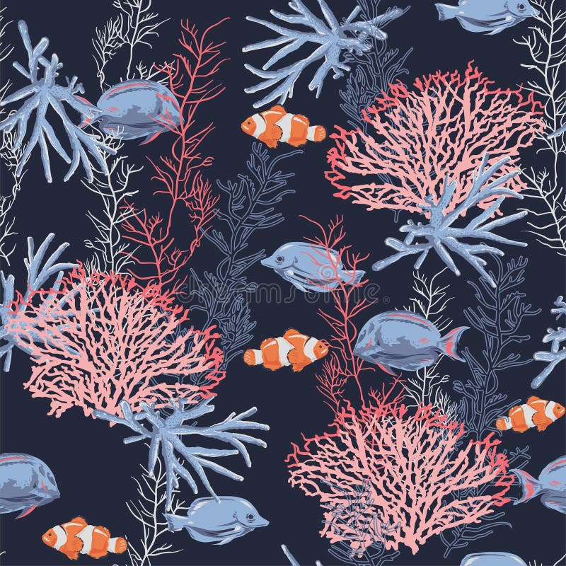 Deep Sea Underwater Corals and Fishes Seamless Pattern Stock Vector ...