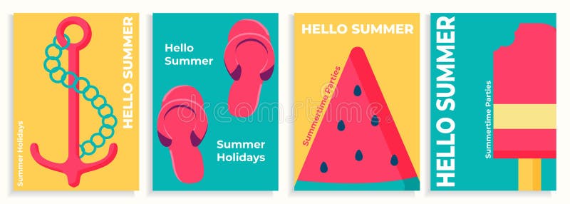 Collection of Four Summer Posters with Summertime Leisure Objects in a ...