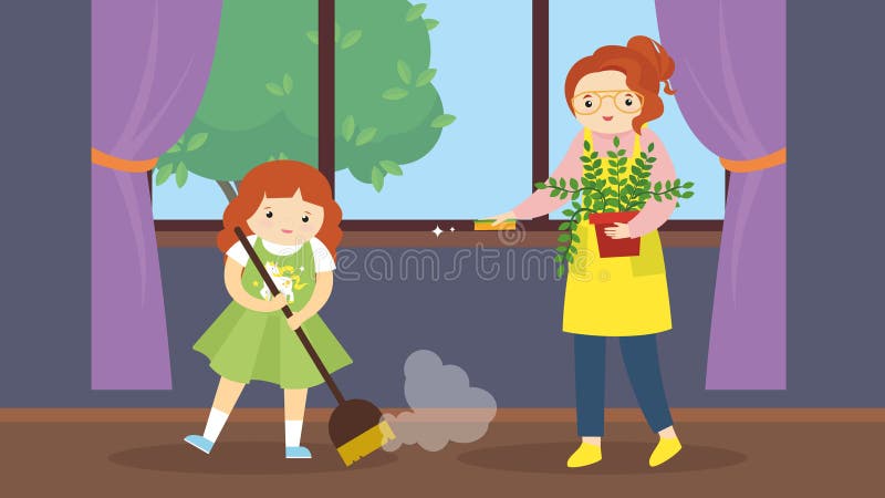 Cleaning the House with a Broom. Flat Design. Stock Vector ...