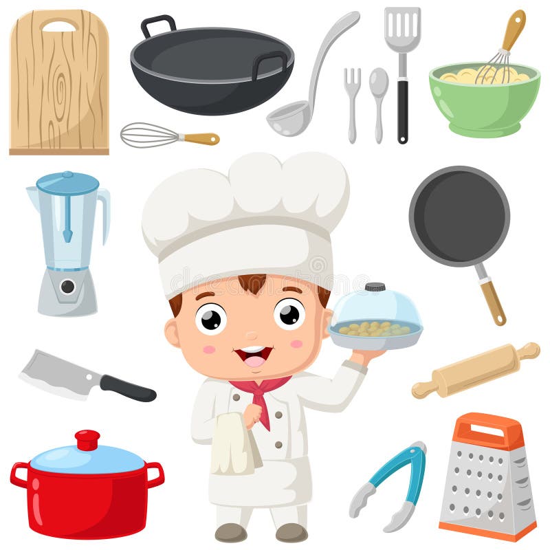 Cute Chef Boy with Equipment Elements Stock Vector - Illustration of ...