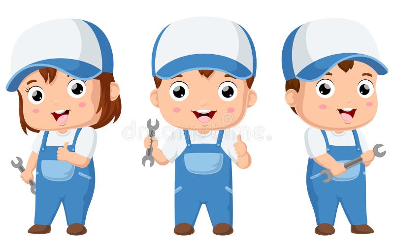 Set of Mechanic Kids Cartoon Stock Vector - Illustration of girl, check ...