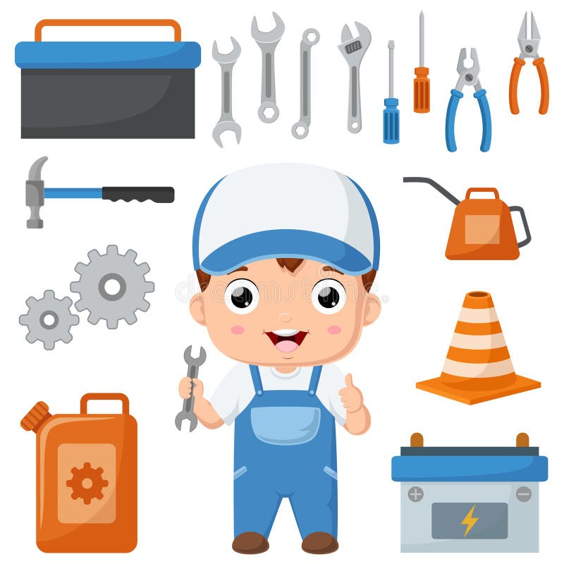 Cute Mechanic Boy with Equipment Elements Stock Vector - Illustration ...
