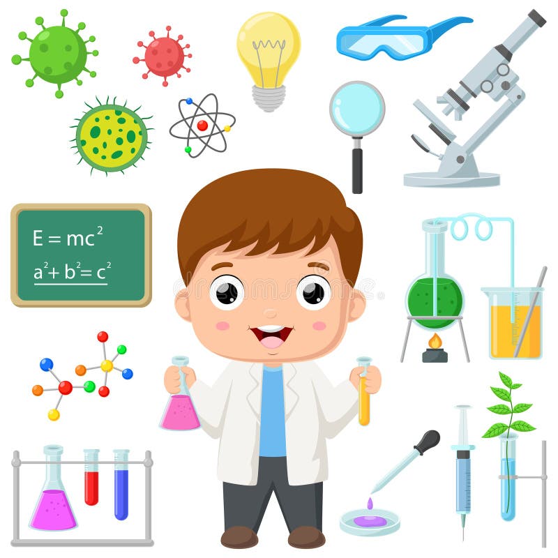 Cute Boy Scientists with Laboratory Equipment Elements Stock Vector ...