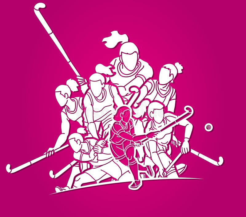 Group of Field Hockey Sport Team Mix Action Female Players Cartoon ...