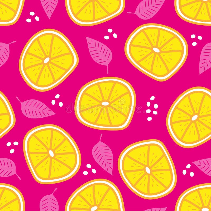 Lemon Pattern - Hand Drawn Lemon Slice and Levaes Isolated on Pink ...