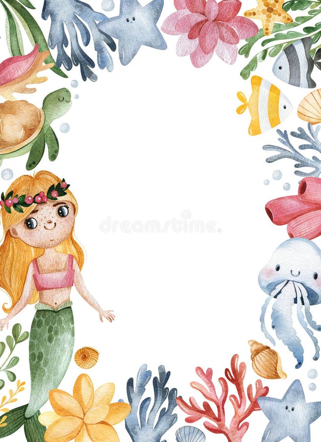 Watercolor Frame Border with Seaweeds,sea Creatures,little Mermaid and ...