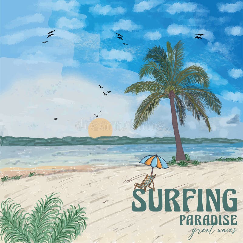 Surfing Paradise Summer Great Waves Palm Tree, Sunset, Sunrise ...
