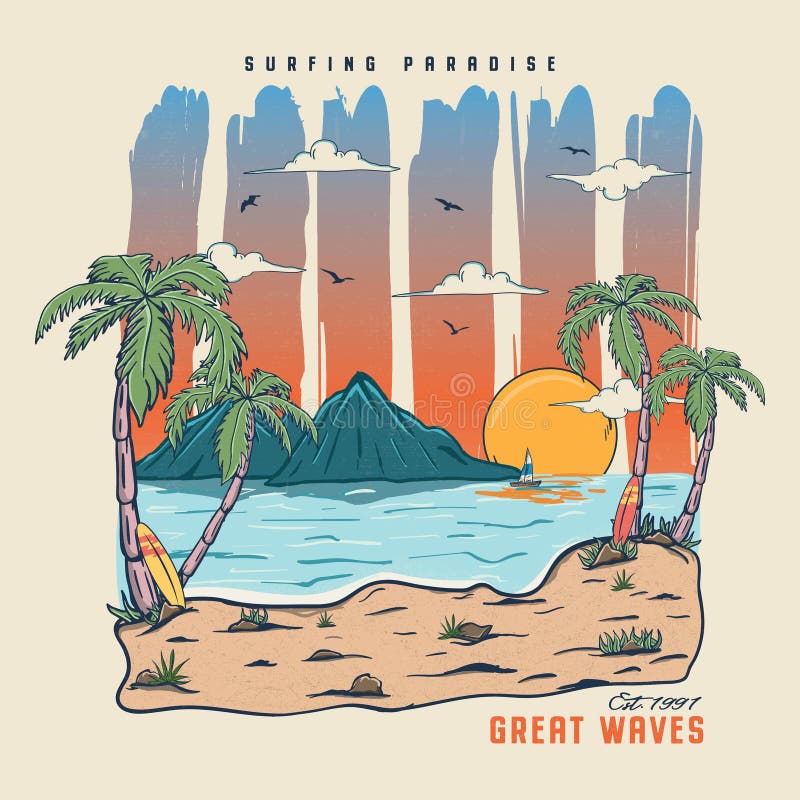 PrintSummer Surfing Paradise Summer Great Waves Vector Palm Tree Stock ...
