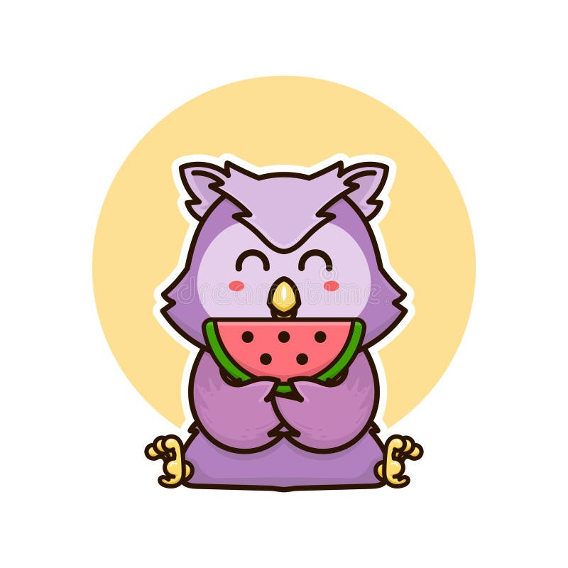 Happy Owl Bird Eat Watermelon Fruit Adorable Cartoon Doodle Vector ...