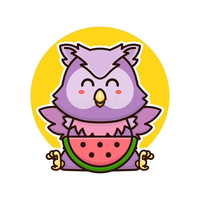 Happy Owl Bird Eat Watermelon Fruit Adorable Cartoon Doodle Vector ...