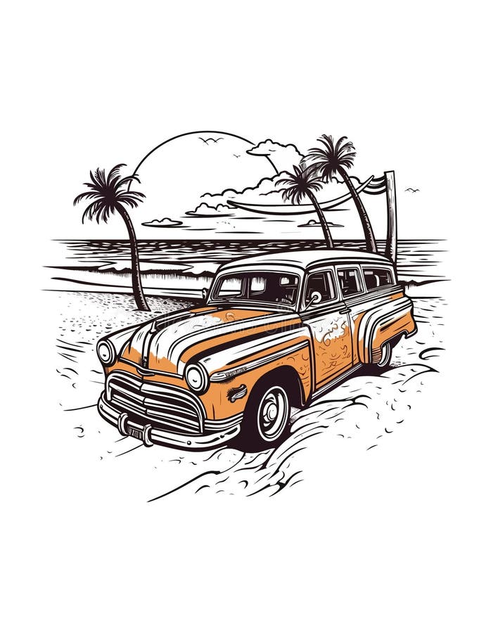 Car in Front of a Beach Hand Drawn Illustration, Car Hand Drawn ...