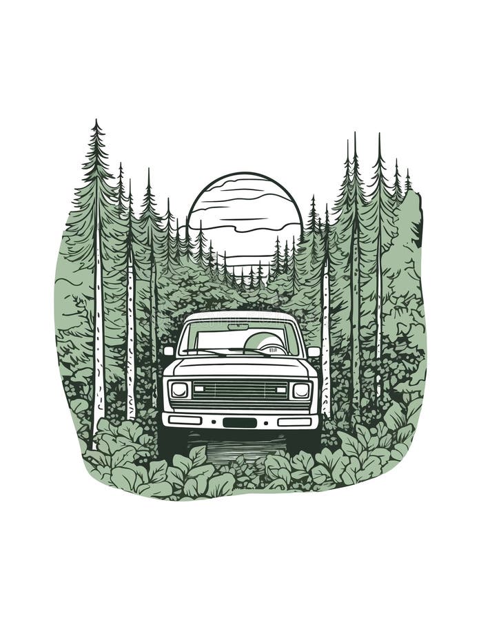 Car in Front of a Forest Hand Drawn Illustration, Car in Front of a ...