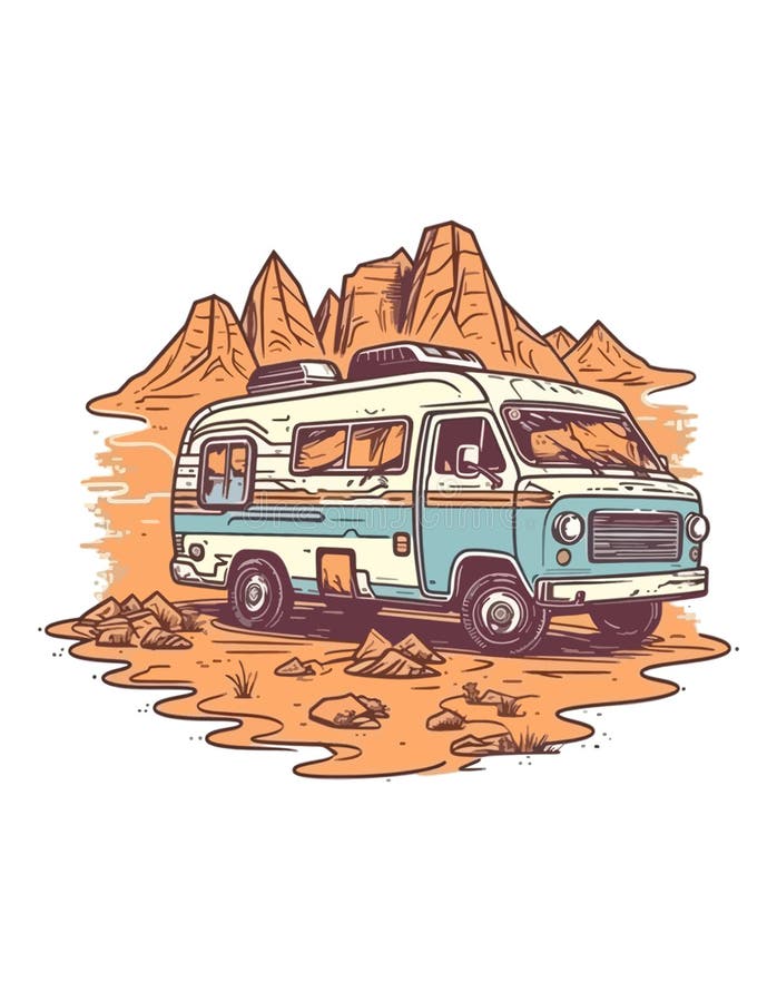 Travel Van in Front of a Desert Hand Drawn Illustration, Travel Van ...
