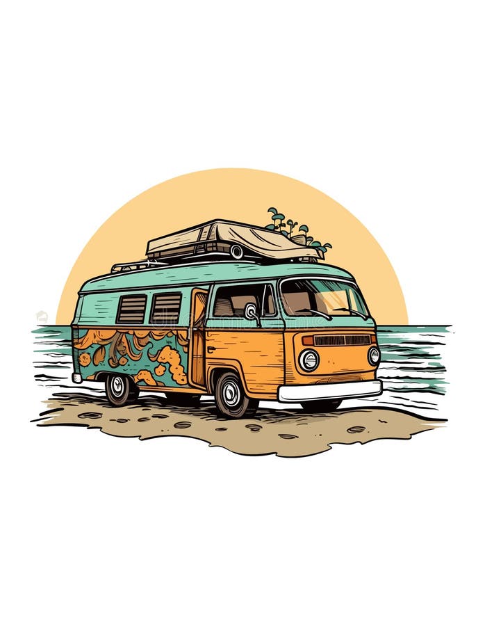Travel Van in Front of a Beach Hand Drawn Illustration, Travel Van Hand ...