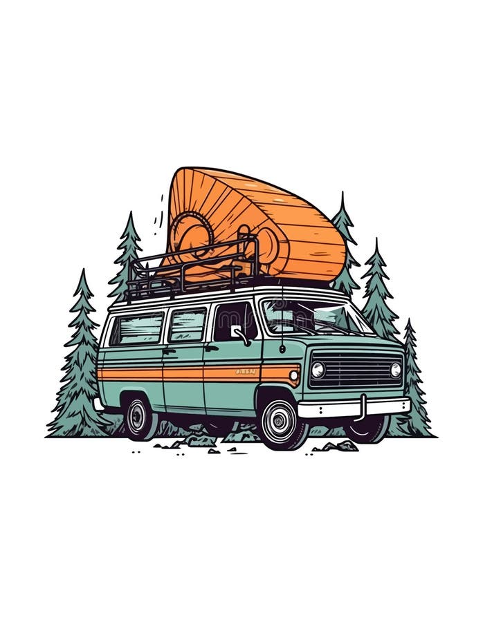 Travel Van in Front of a Beach Hand Drawn Illustration, Travel Van Hand ...