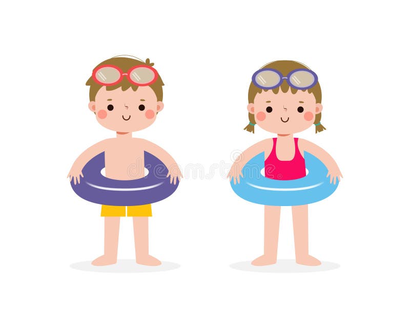 Set of Children Wearing Swimming Suits and Rings, Cute Kids Cartoon ...