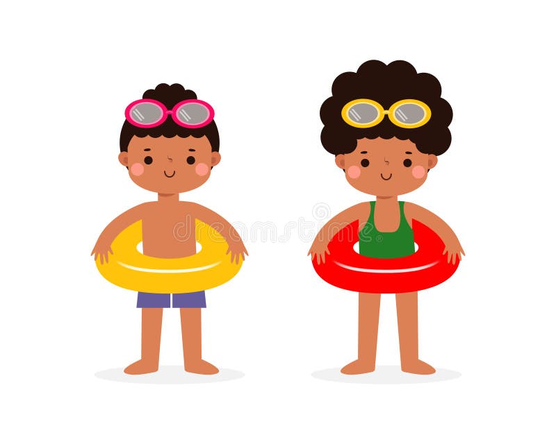 Set of Children Wearing Swimming Suits and Rings, Cute Kids Cartoon ...