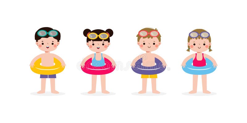 Set of Children Wearing Swimming Suits and Rings, Cute Kids Cartoon ...