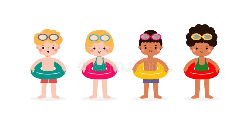 Set of Children Wearing Swimming Suits and Rings, Cute Kids Cartoon ...