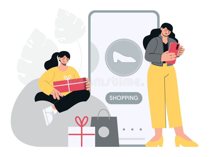 Women Shopping Online Via Smartphone. Store Application. Buy and Sell ...