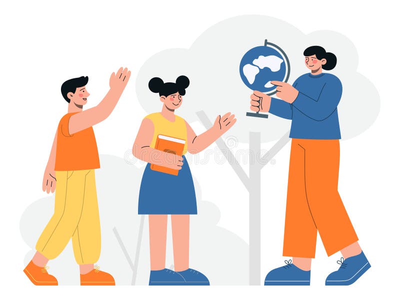 Teacher with Children and Globe Learning Geography. Flat Vector Minimalist Illustration of ...