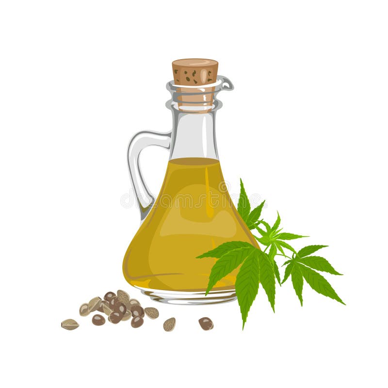 Hemp Oil in Glass Jar, Seeds and Green Leaf. Stock Vector ...