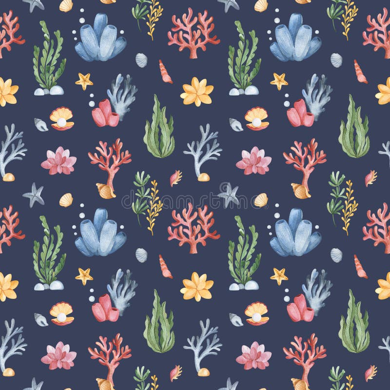 Watercolor Texture with Cute Underwater Animals,mermaids,shells and ...