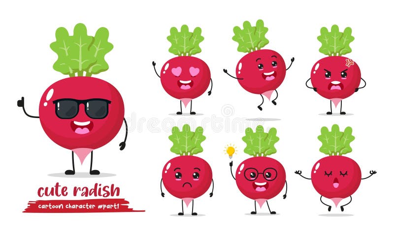 Funny Radish Cartoon Character Set Wi Th Happy Face Expression Set ...