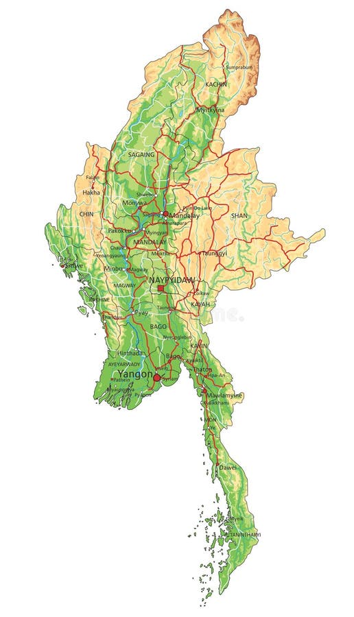 Detailed Myanmar Physical Map with Labeling. Stock Vector ...
